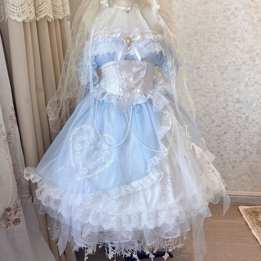 Lace Mesh Bow Off Shoulder Blue Dress SE22847