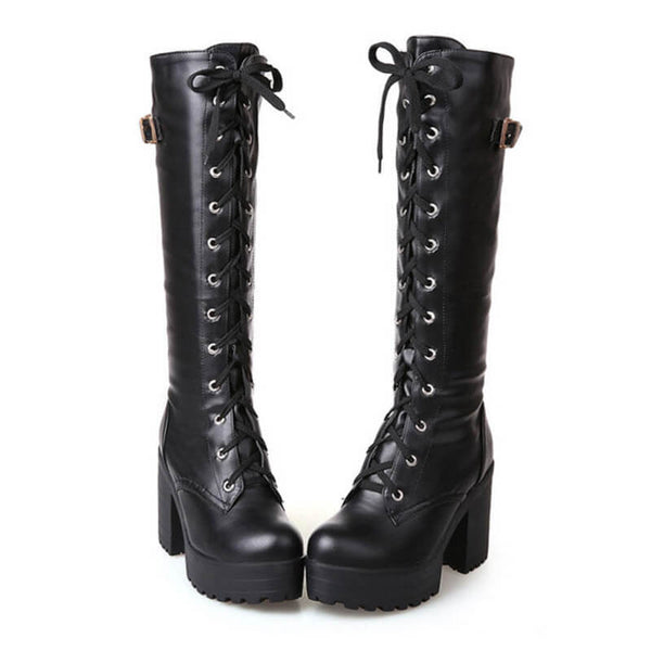 Square Lacing Knee High Heel Boots SE20539 – SANRENSE